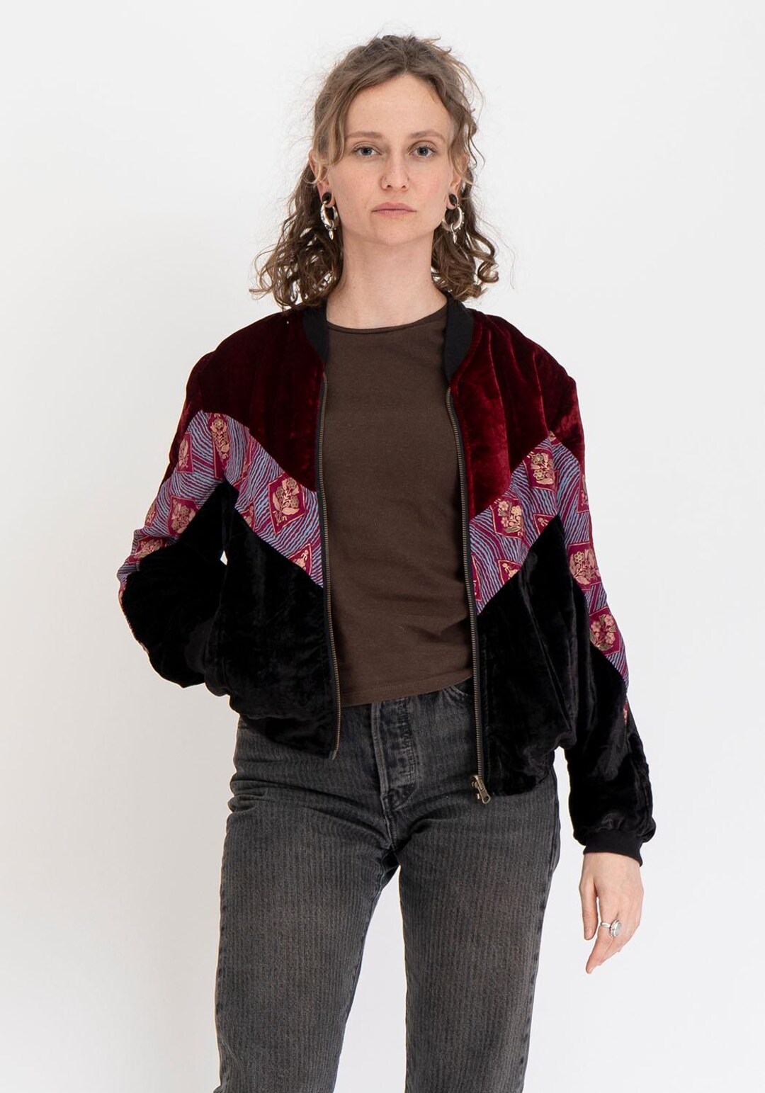 Reversible 90s Bomber Jacket in Dark Red and Black Vintage Sari - Etsy