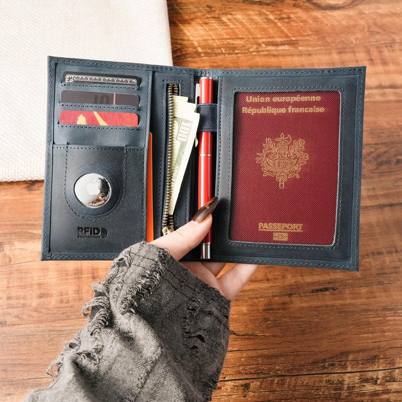 Personalized Leather Passport Holder With AirTag Slot, RFID Travel ...
