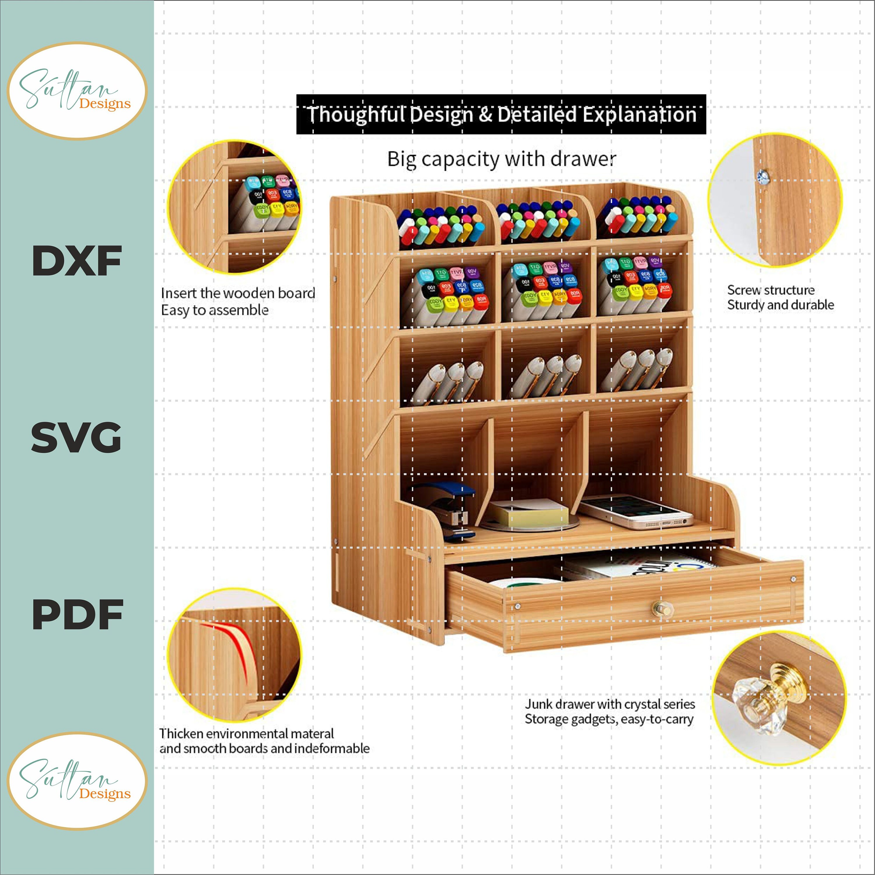 Desk Organizer Pen Holder Drawer Drawer Cnc, Stationery Storage Box Svg ...