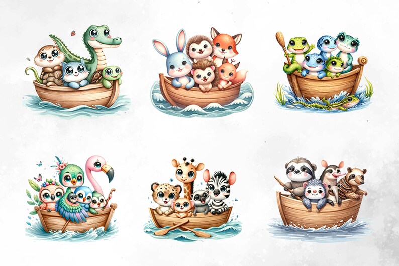 Watercolor Animal Friends Clipart, Cute Animal Friends in Boats Clipart ...