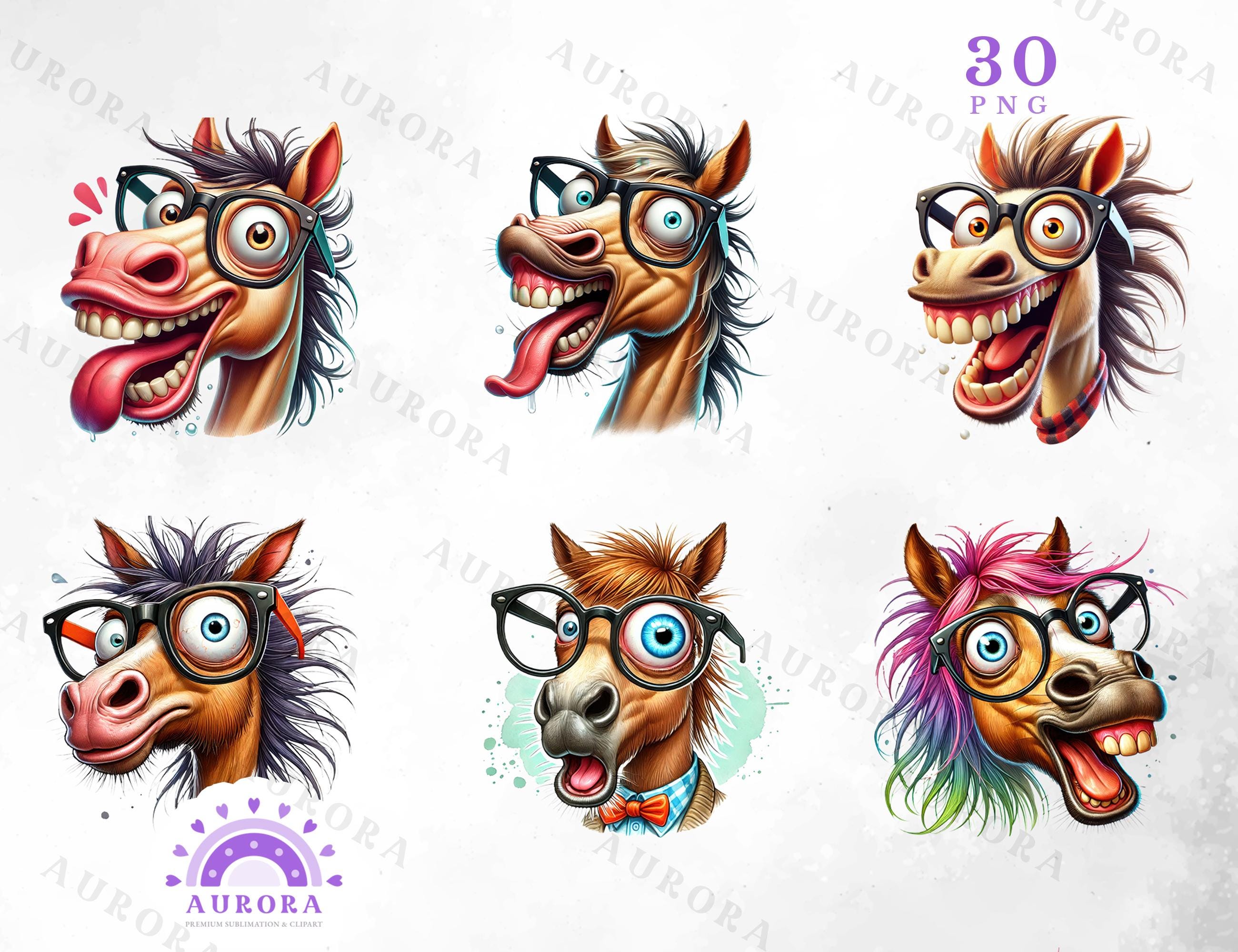 Funny Horse Face Clipart Bundle, Watercolor Animal PNG, Sublimation ...