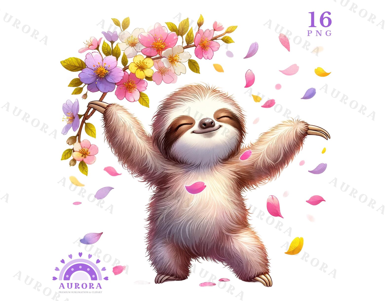 Watercolor Spring Floral Sloth Clipart, Cute Sloth With Flowers PNG ...