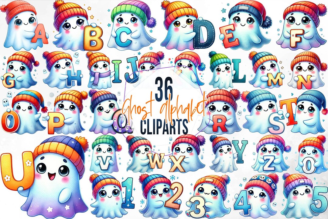 Cute Ghost Alphabet Clipart With Numbers, Halloween Ghost Alphabet, Boo ...