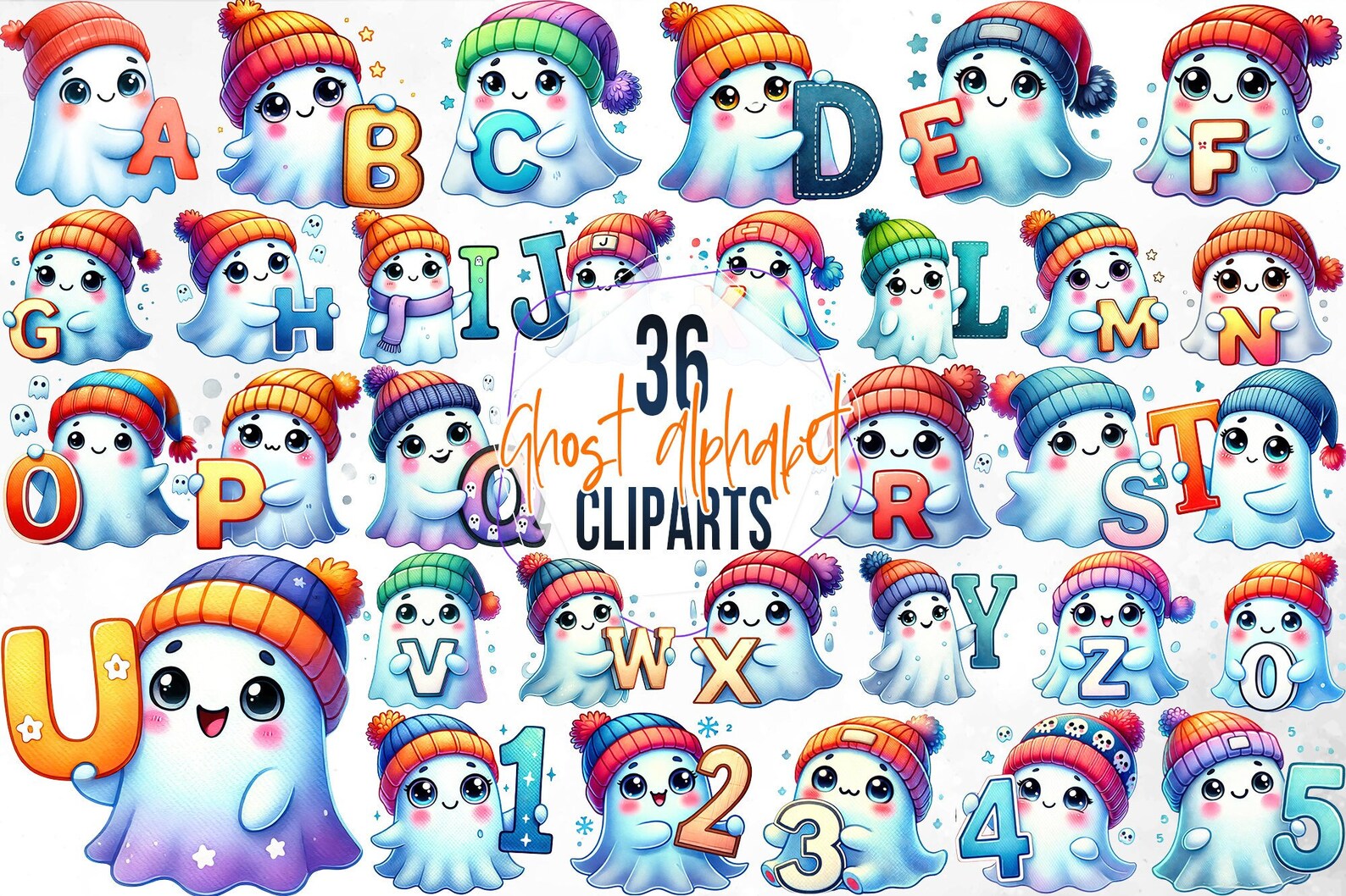 Cute Ghost Alphabet Clipart With Numbers, Halloween Ghost Alphabet, Boo ...