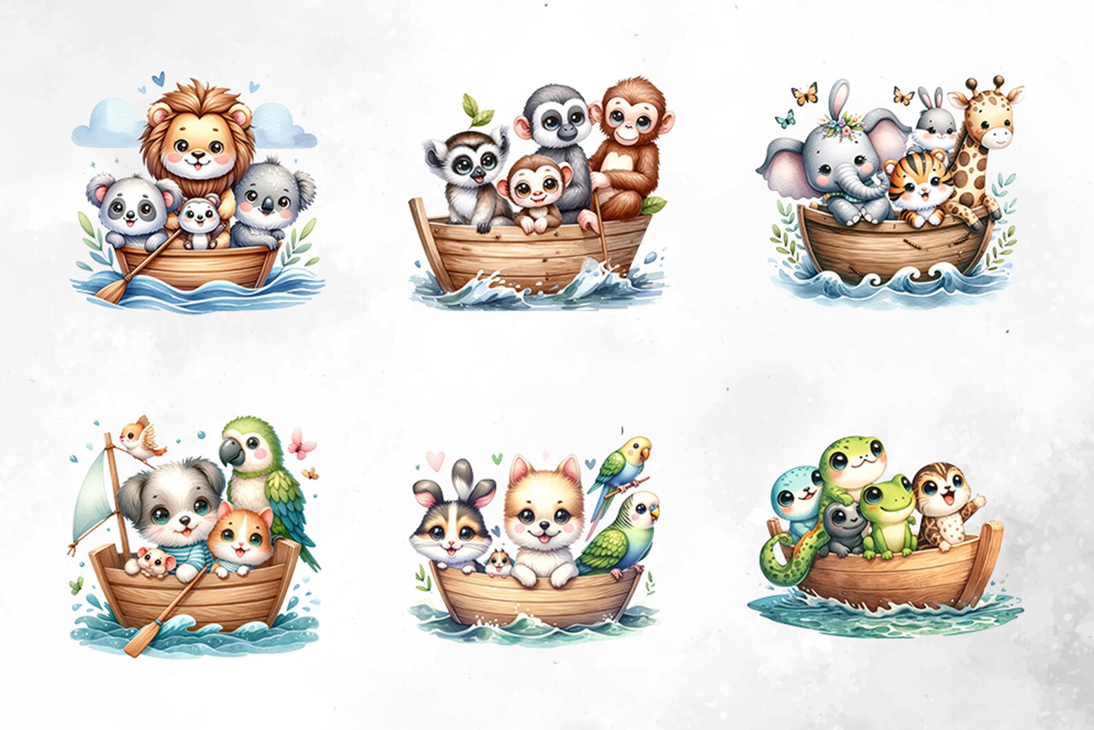 Watercolor Animal Friends Clipart, Cute Animal Friends in Boats Clipart ...