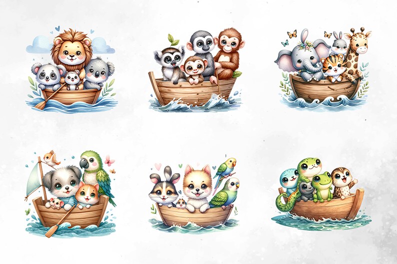 Watercolor Animal Friends Clipart, Cute Animal Friends in Boats Clipart ...