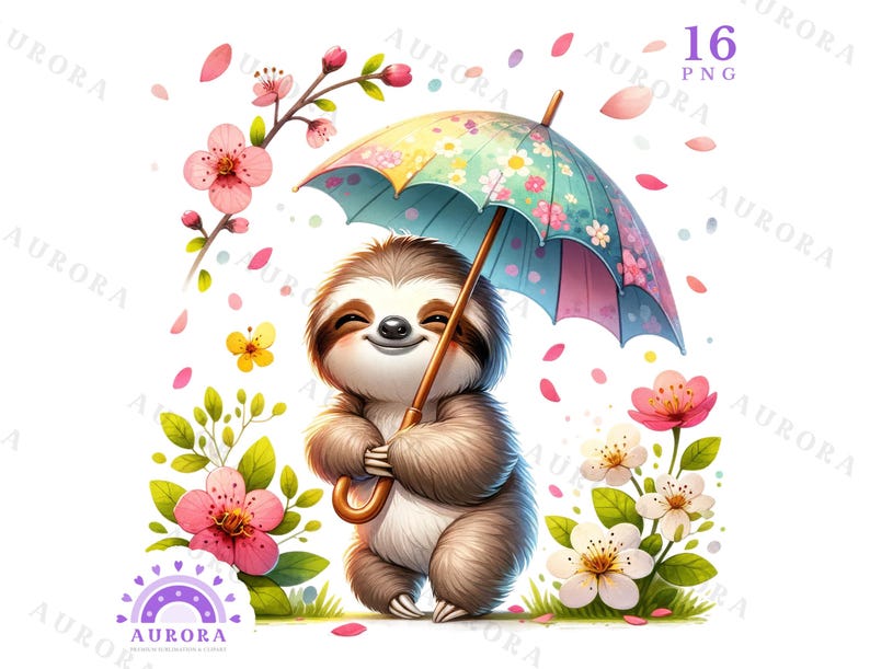 Watercolor Spring Floral Sloth Clipart, Cute Sloth With Flowers PNG ...