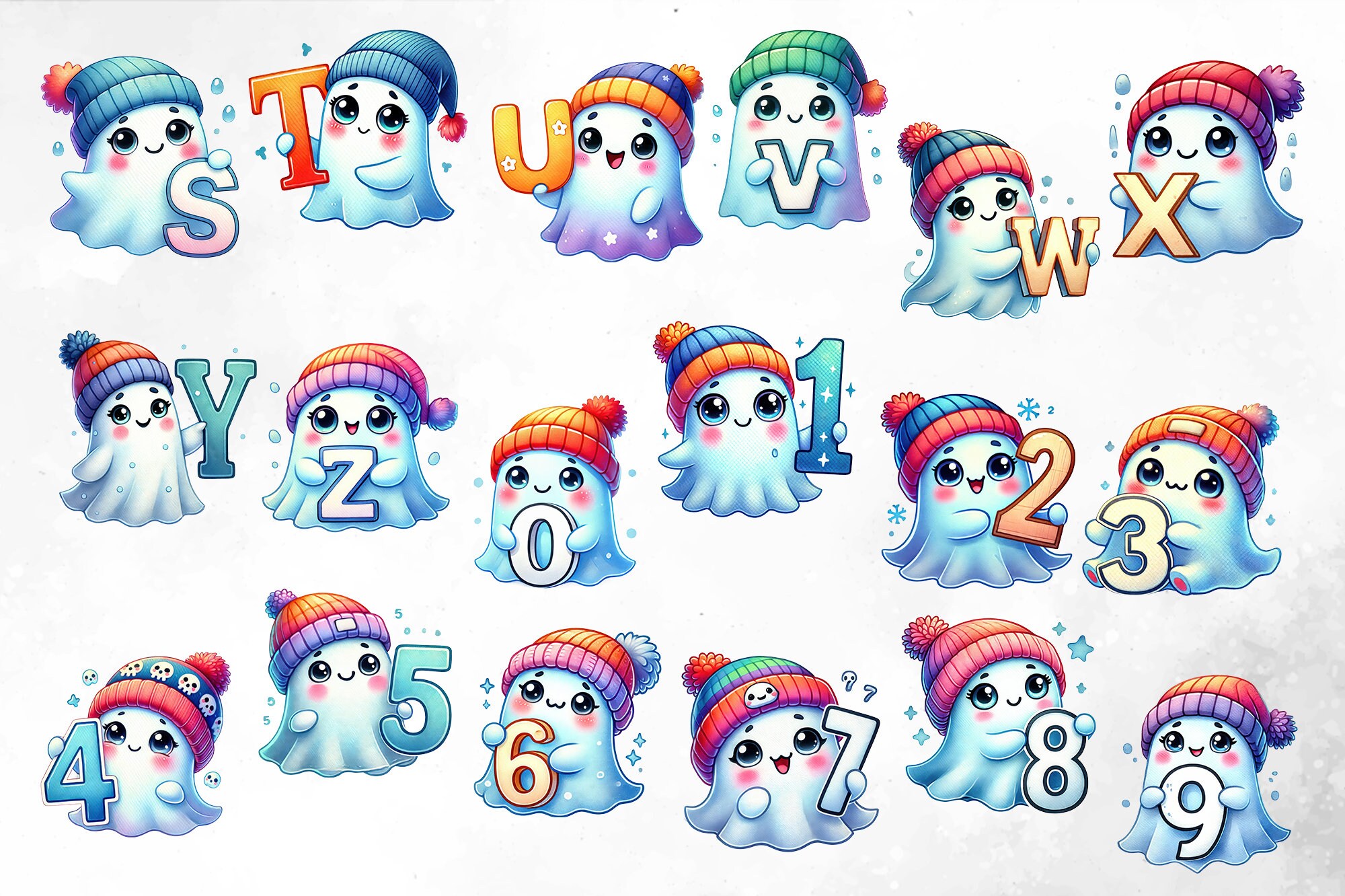 Cute Ghost Alphabet Clipart With Numbers, Halloween Ghost Alphabet, Boo ...