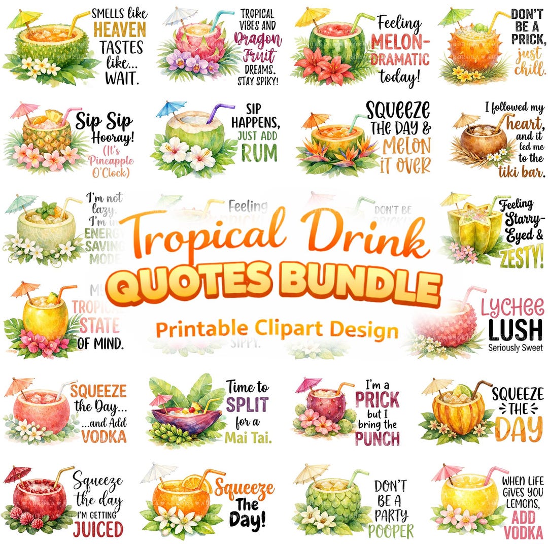 Funny Tropical Drink Quotes PNG Bundle, Cocktail Sublimation Designs ...