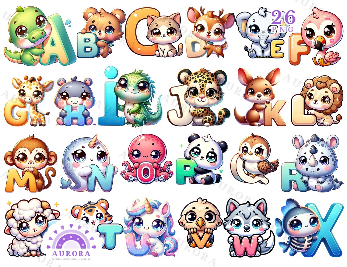 Cute Animal Alphabet Clipart, Adorable Alphabet A-Z, Animals A to Z ...