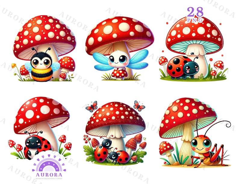 Cute Mushroom and Insect Clipart, Kawaii Toadstool With Ladybugs PNG ...