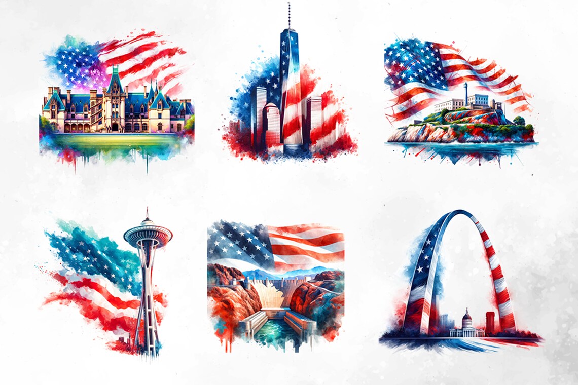 Patriotic Landmarks Watercolor Clipart, 4th of July PNG, American Flag ...
