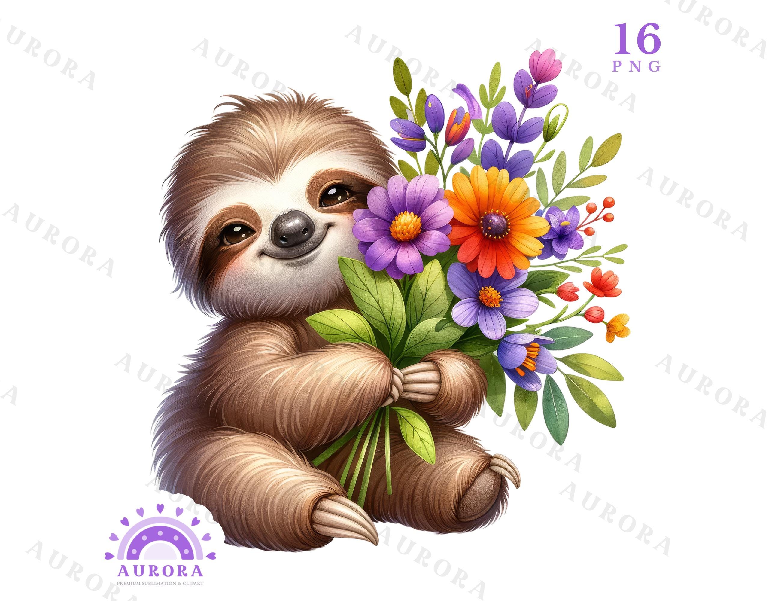 Watercolor Spring Floral Sloth Clipart, Cute Sloth With Flowers PNG ...