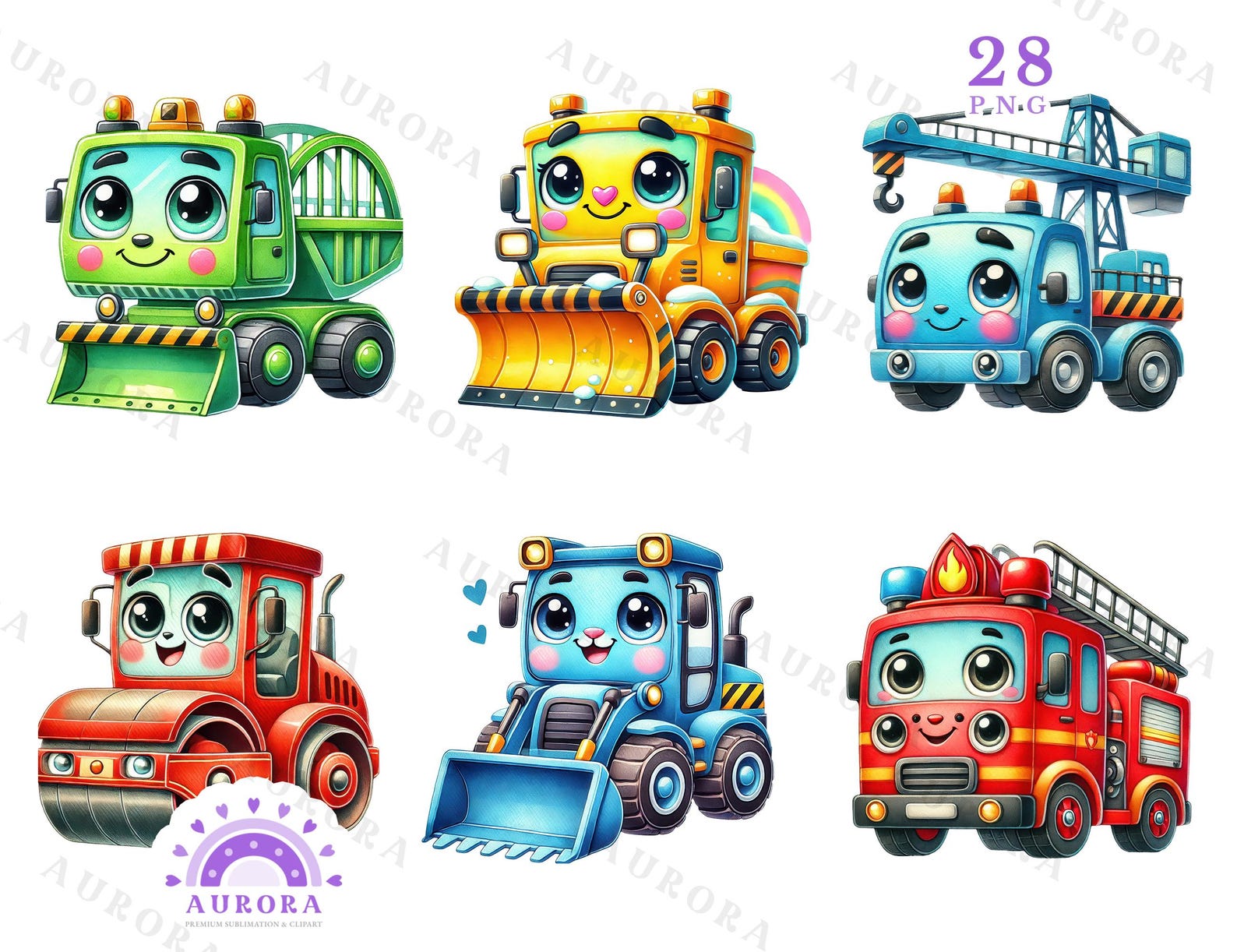 Cute Construction Vehicle Clipart Bundle, Colorful Truck Clipart, Kids ...