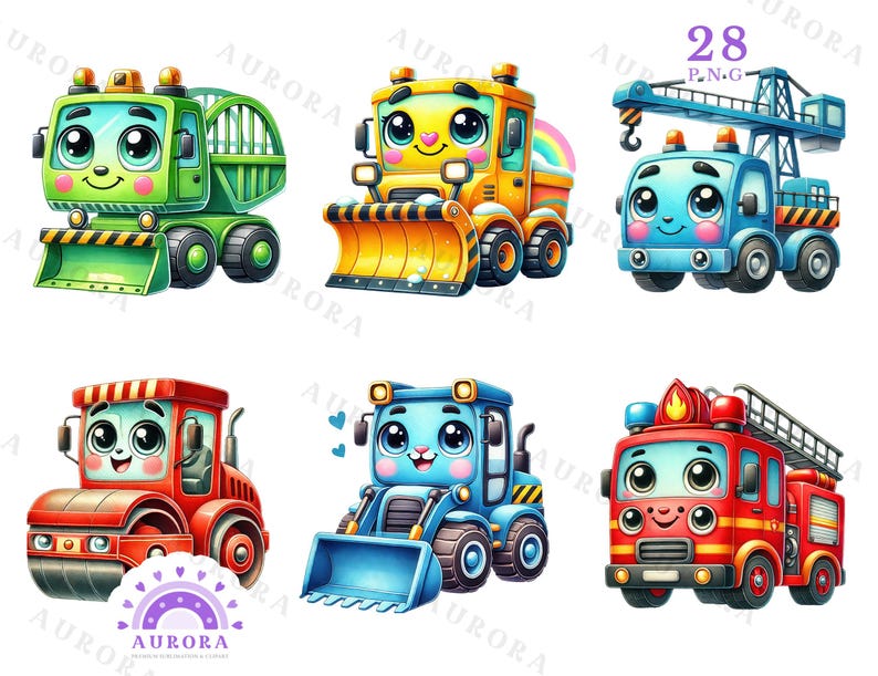Cute Construction Vehicle Clipart Bundle, Kids Trucks PNG (digital ...