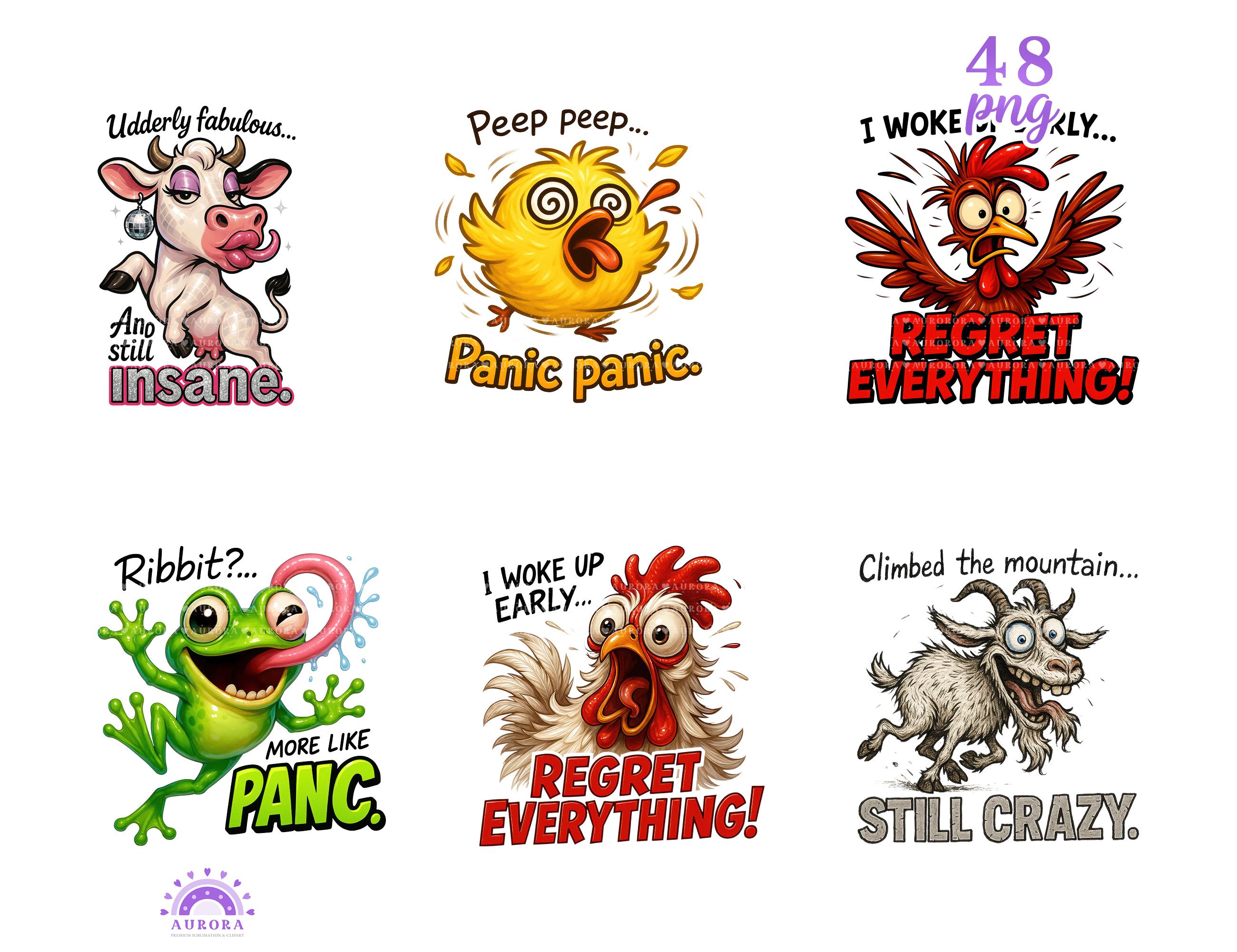 Funny Sarcastic Mental Health PNG Bundle, Unhinged Animal Meme Quote ...