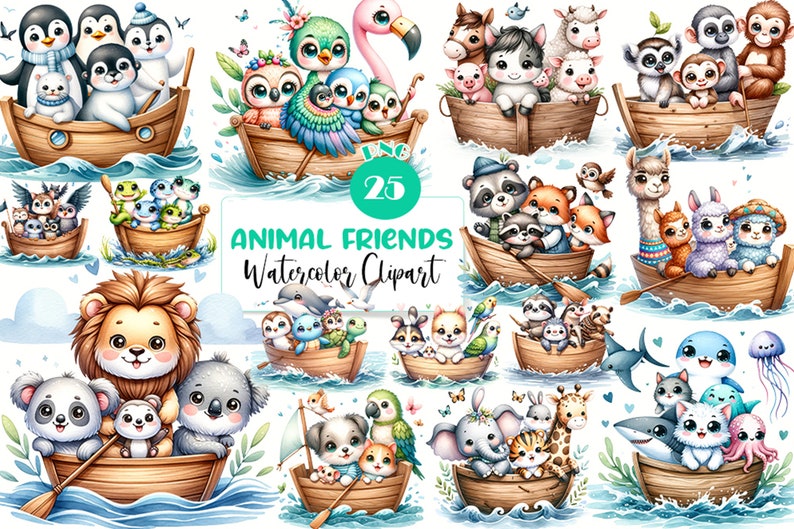 Watercolor Animal Friends Clipart, Cute Animal Friends in Boats Clipart ...