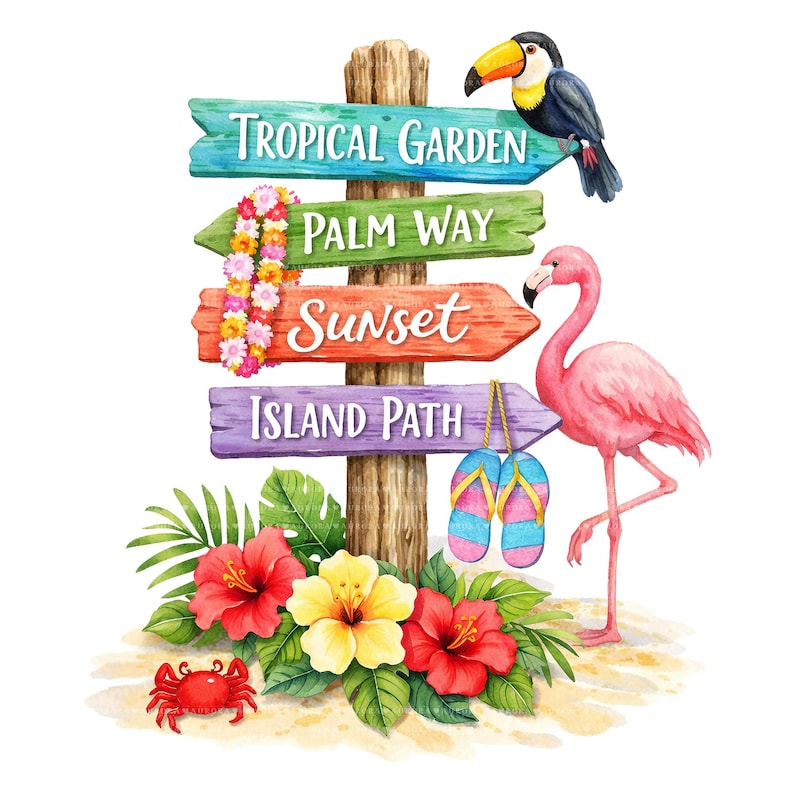 28 Beach Signpost Clipart Bundle, Coastal Summer Watercolor PNG ...