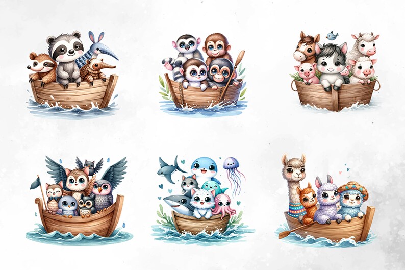 Watercolor Animal Friends Clipart, Cute Animal Friends in Boats Clipart ...