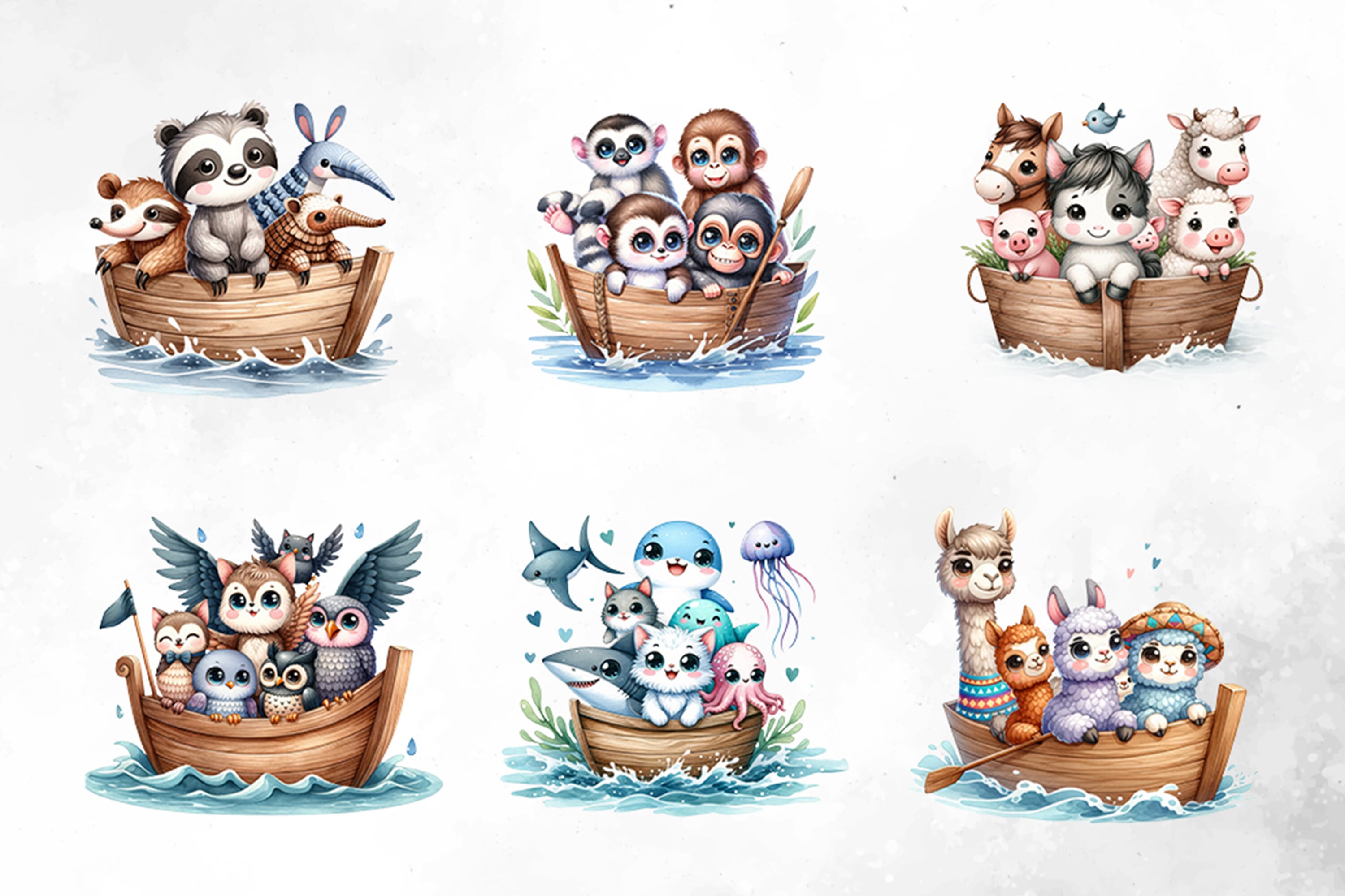 Watercolor Animal Friends Clipart, Cute Animal Friends in Boats Clipart ...