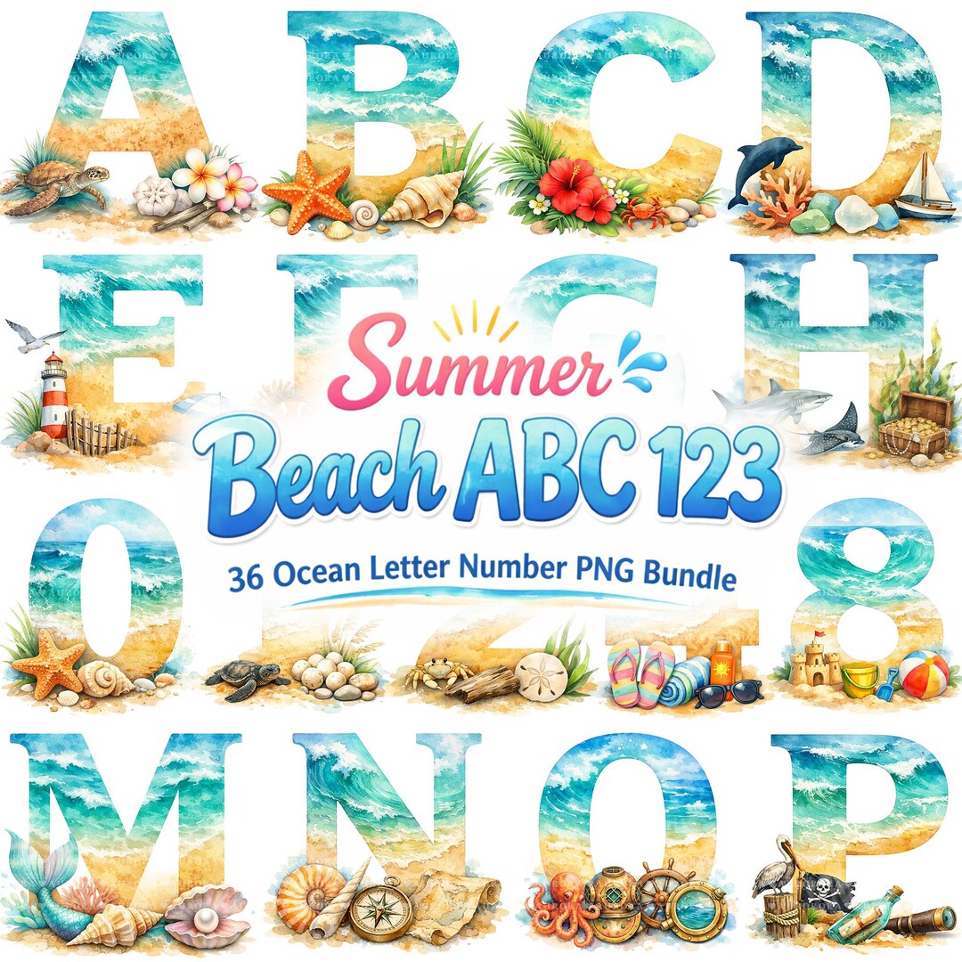 36 Summer Beach Alphabet Letters PNG Bundle, Sublimation Clipart ...