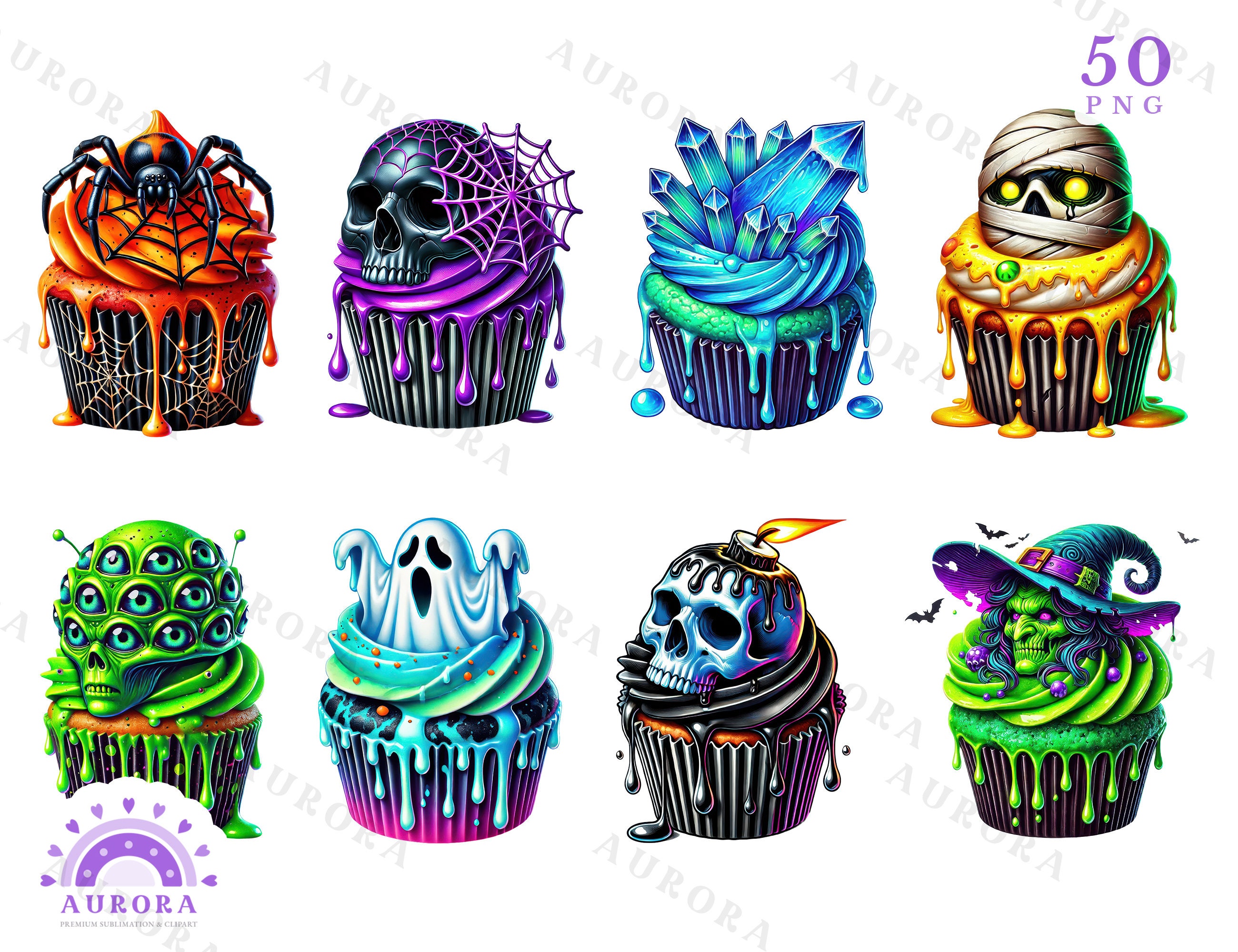 50 Halloween Cupcake Clipart Bundle, Creepy Halloween Sublimation PNG ...