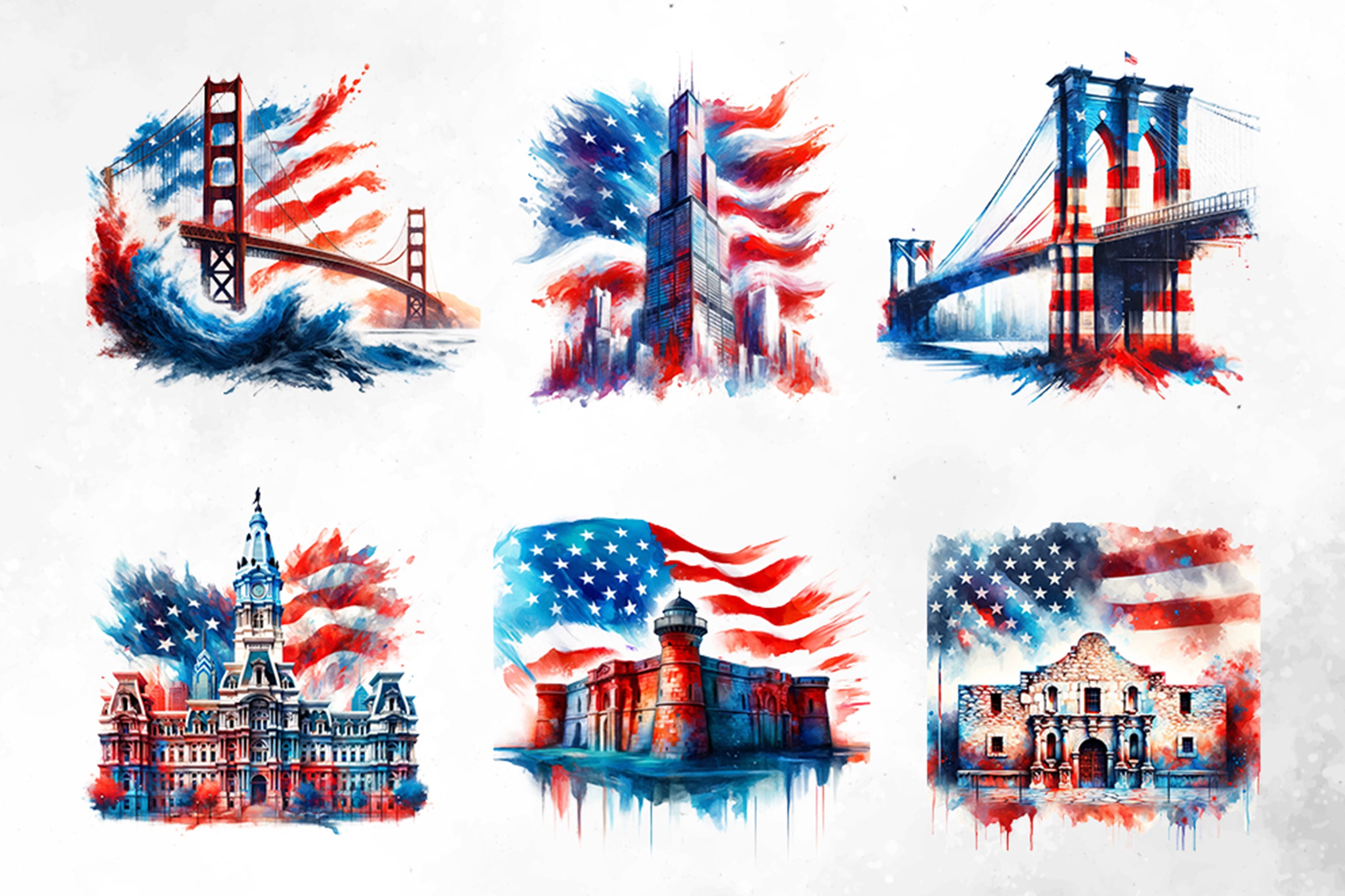 Patriotic Landmarks Watercolor Clipart, 4th of July PNG, American Flag ...