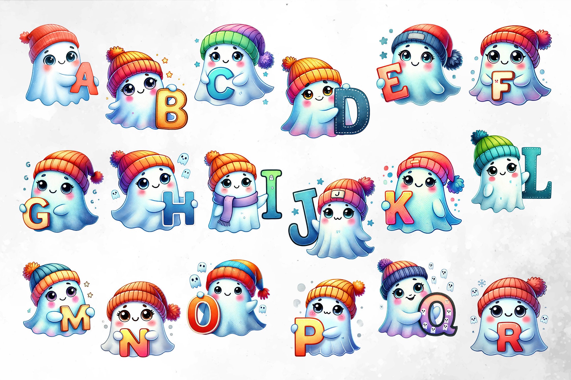 Cute Ghost Alphabet Clipart With Numbers, Halloween Ghost Alphabet, Boo ...