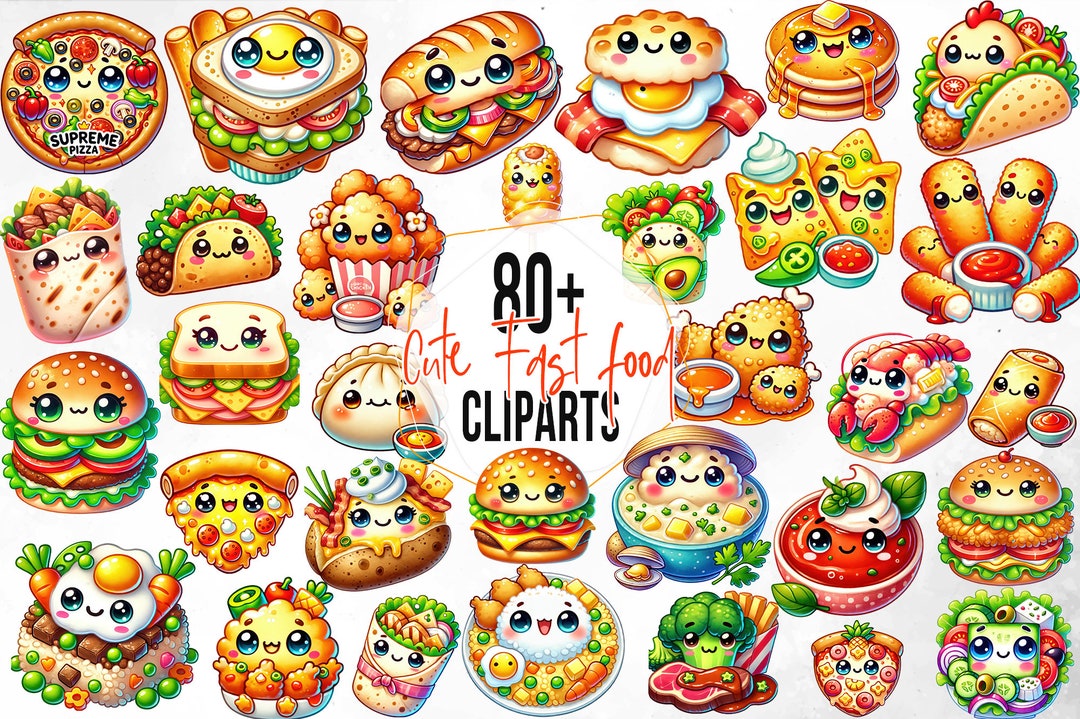 Cute Fast Food Clipart Bundle, 80+ High Resolution, Street Food Clipart ...
