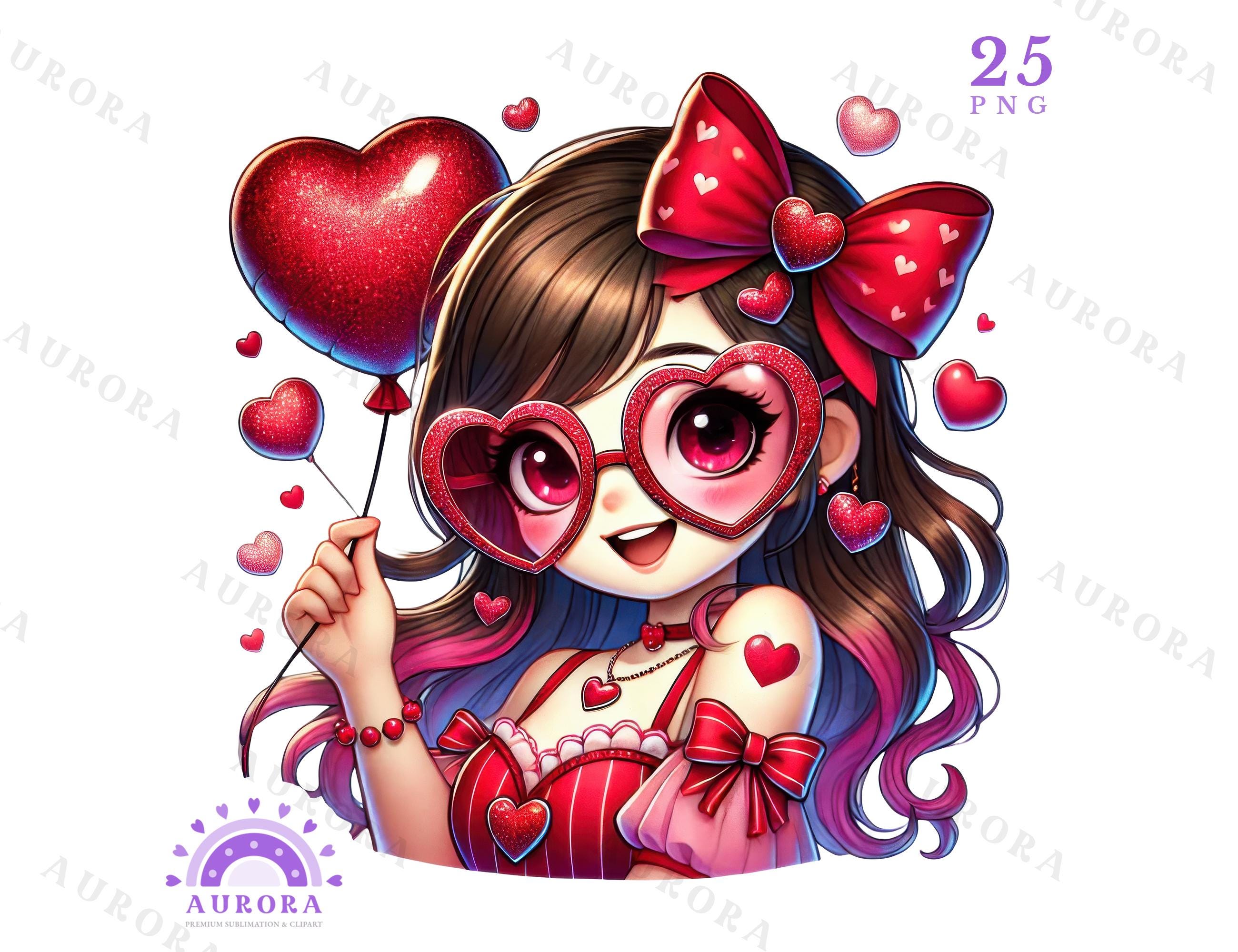 Valentine's Day Girl Clipart Bundle, Chibi Girls With Bow & Glasses ...