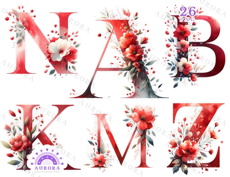 Watercolor Floral Alphabet Clipart, Spring Floral Alphabet Clipart ...