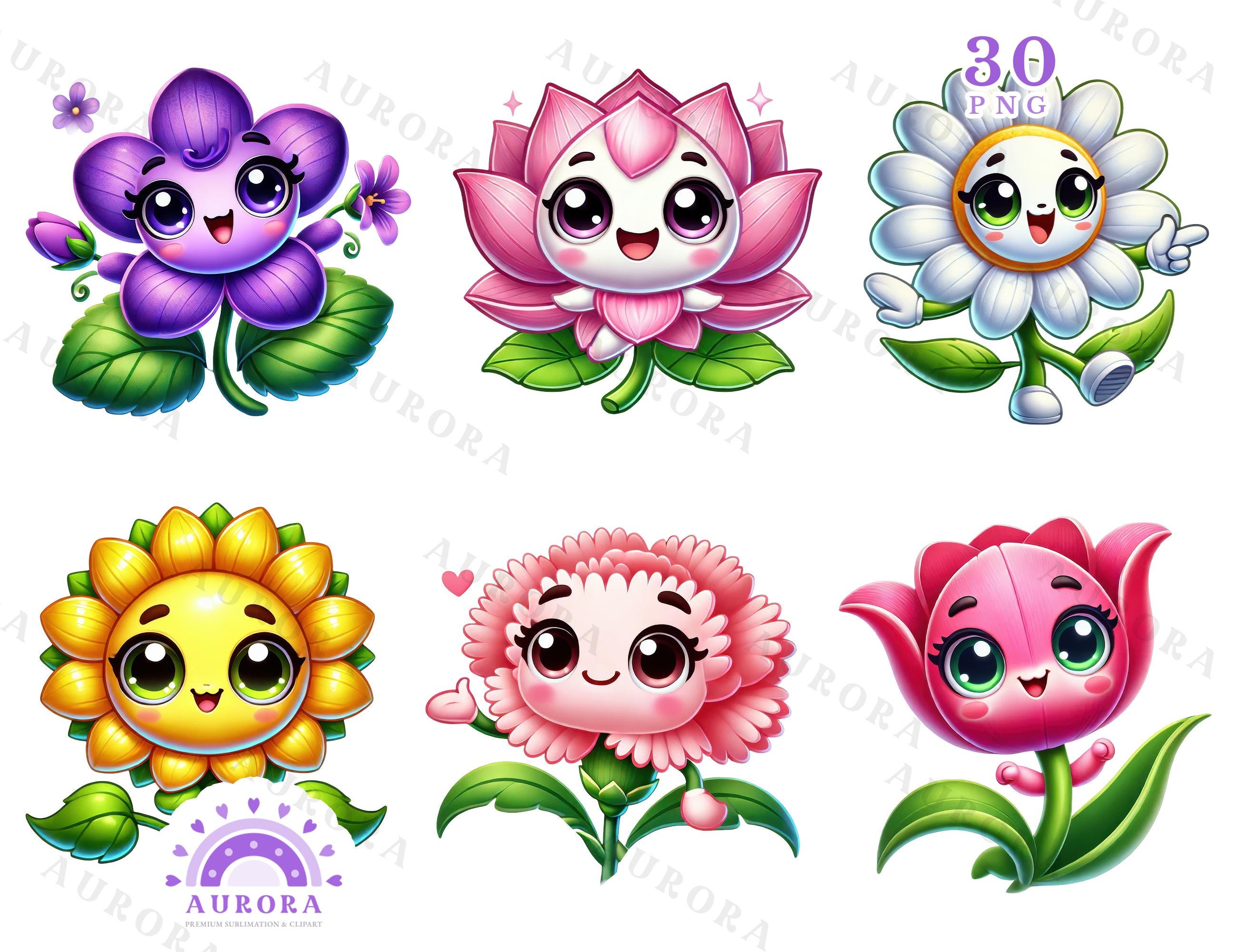 30 Cute Flower Characters Clipart Bundle, Kawaii Cartoon Flowers PNG ...