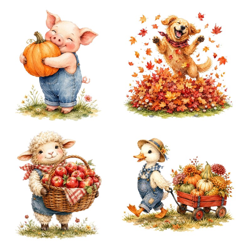 30 Cozy Fall Animals PNG Bundle, Watercolor Harvest Clipart ...