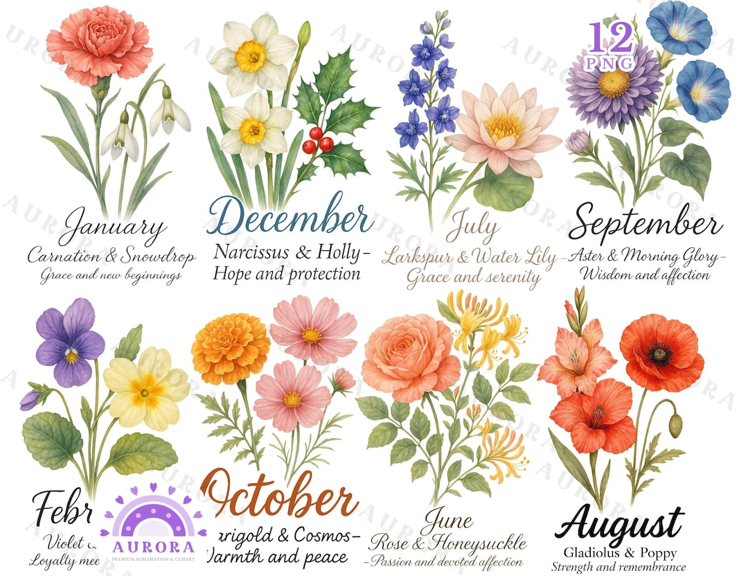 Birth Month Flower Clipart Bundle, Watercolor Botanical Designs ...