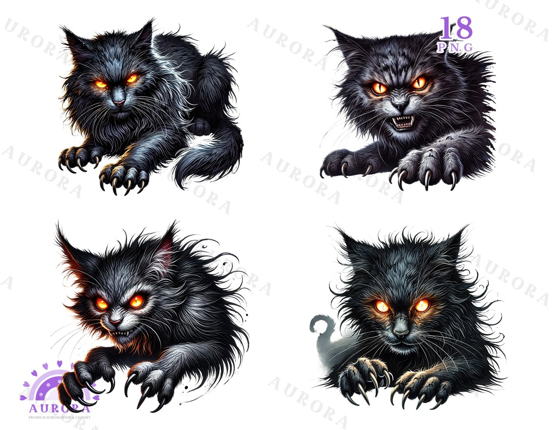 25 Scary Black Cat Clipart, Spooky Halloween Cats Sublimation PNG ...
