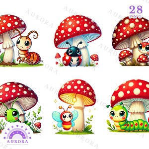Cute Mushroom and Insect Clipart, Kawaii Toadstool With Ladybugs PNG ...