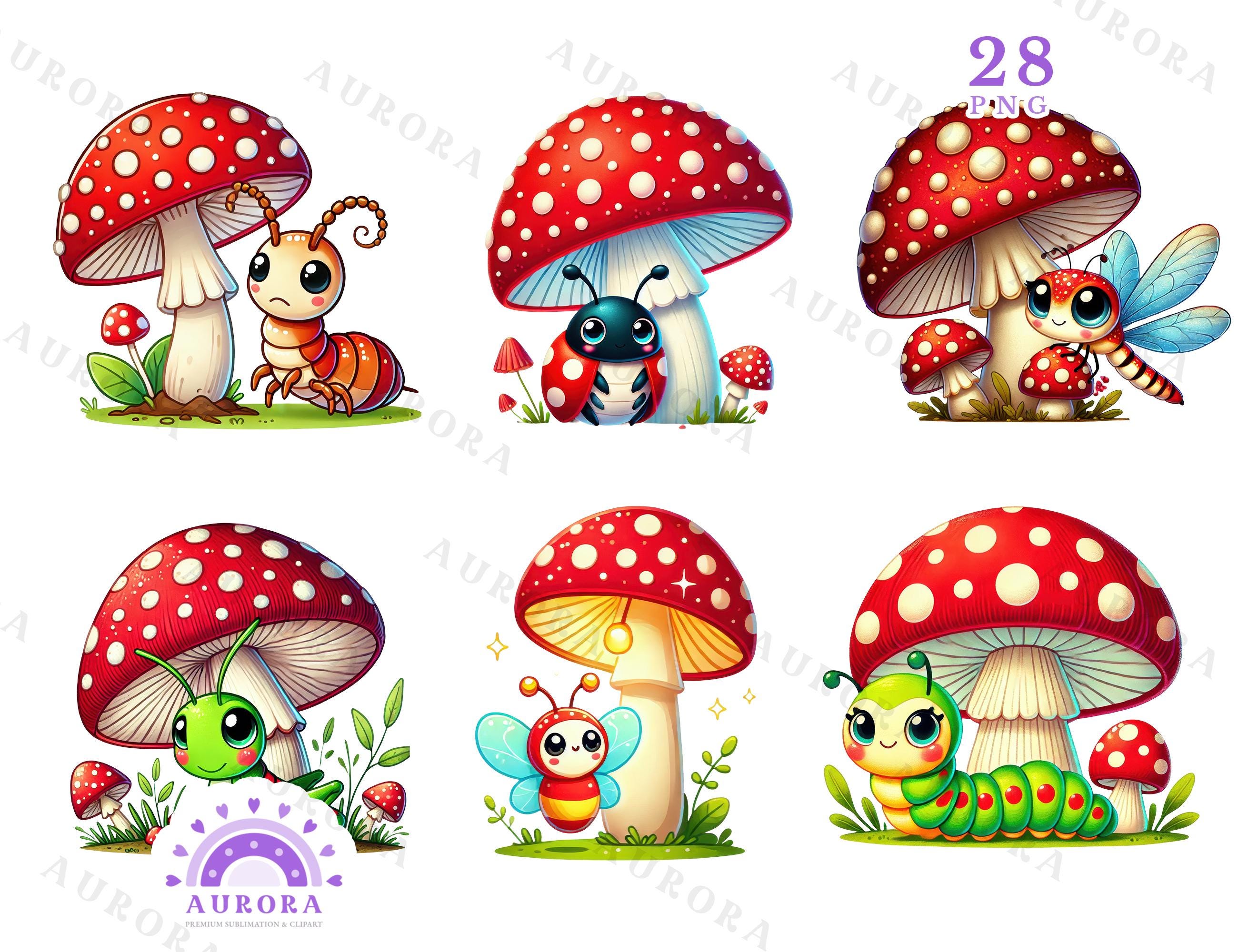 Cute Mushroom and Insect Clipart, Kawaii Toadstool With Ladybugs PNG ...