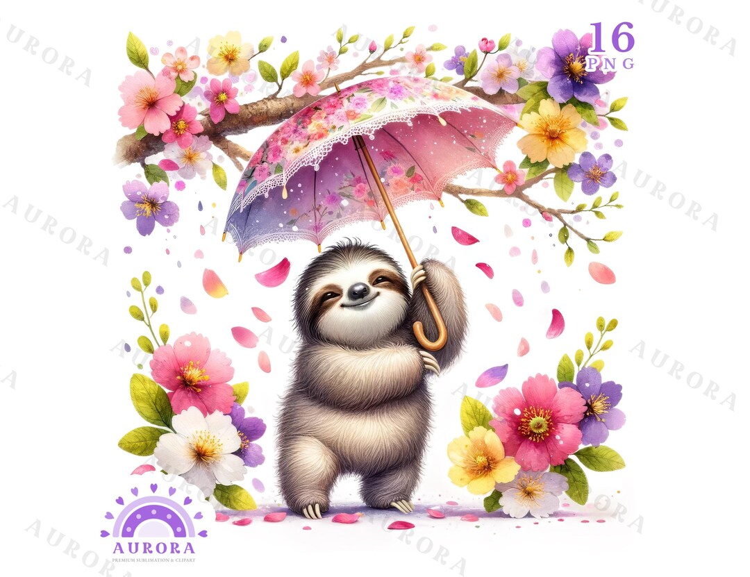 Watercolor Spring Floral Sloth Clipart, Cute Sloth With Flowers PNG ...