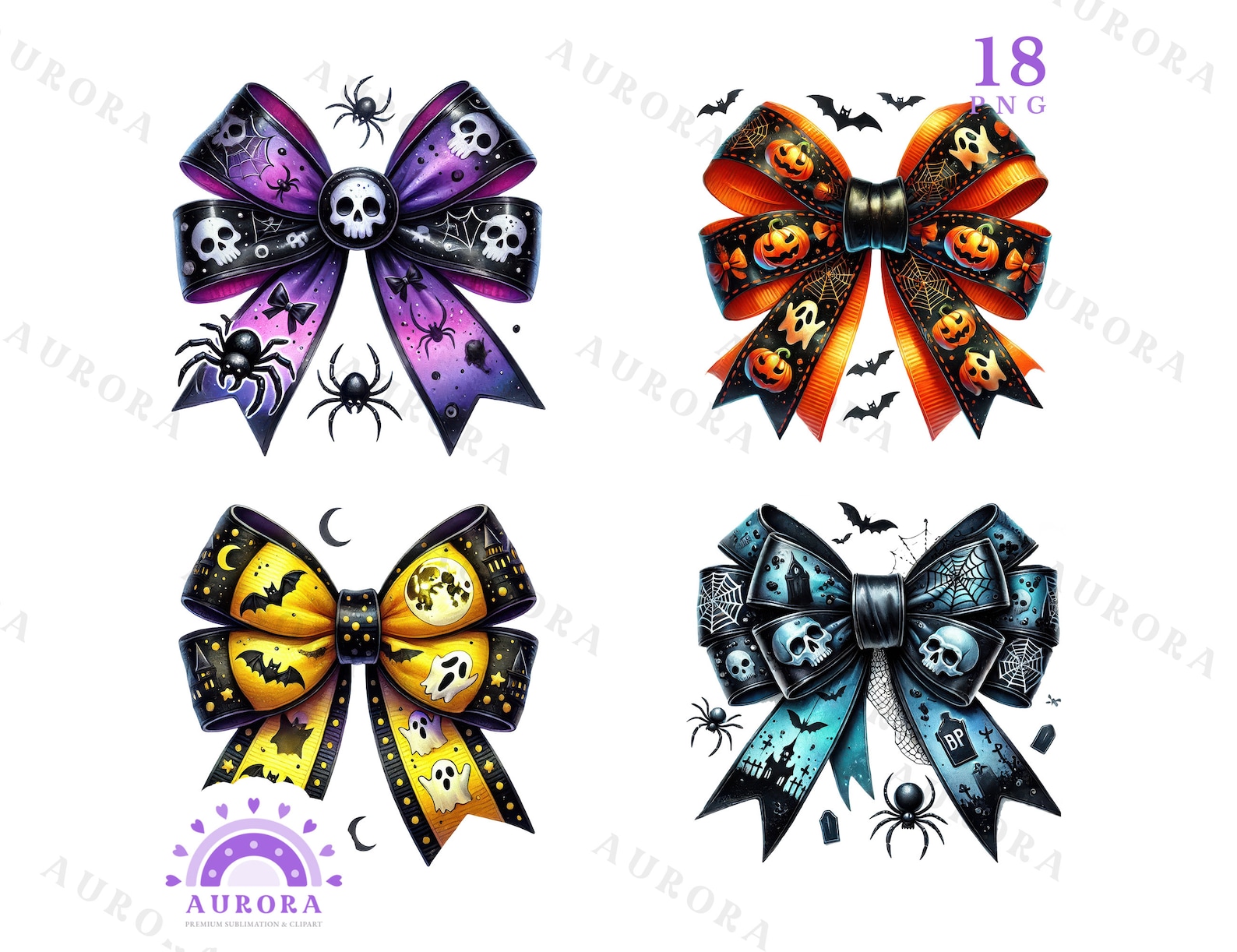 18 Halloween Bow Clipart, Spooky Ribbon, Halloween Bows PNG, Digital ...