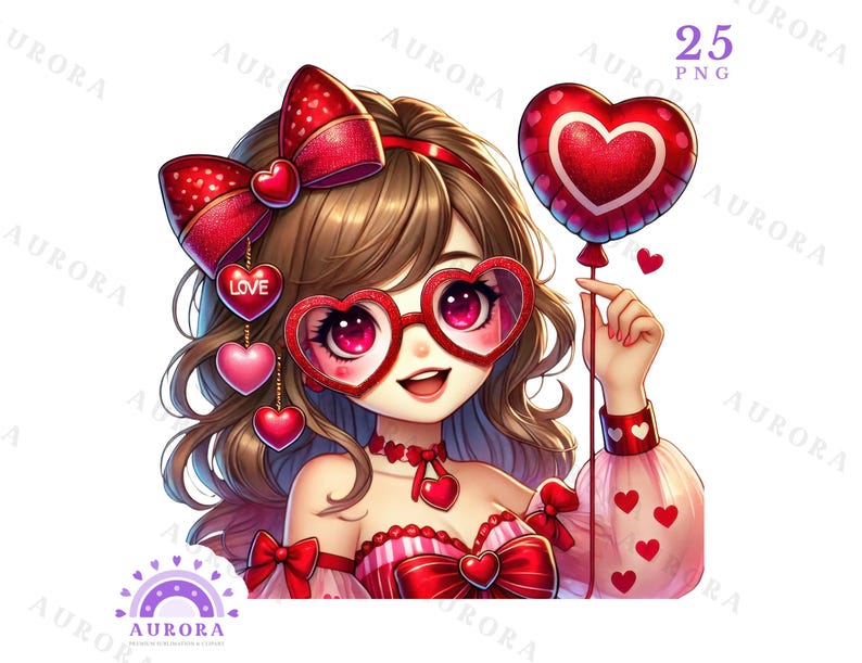 Valentine's Day Girl Clipart Bundle, Chibi Girls With Bow & Glasses ...