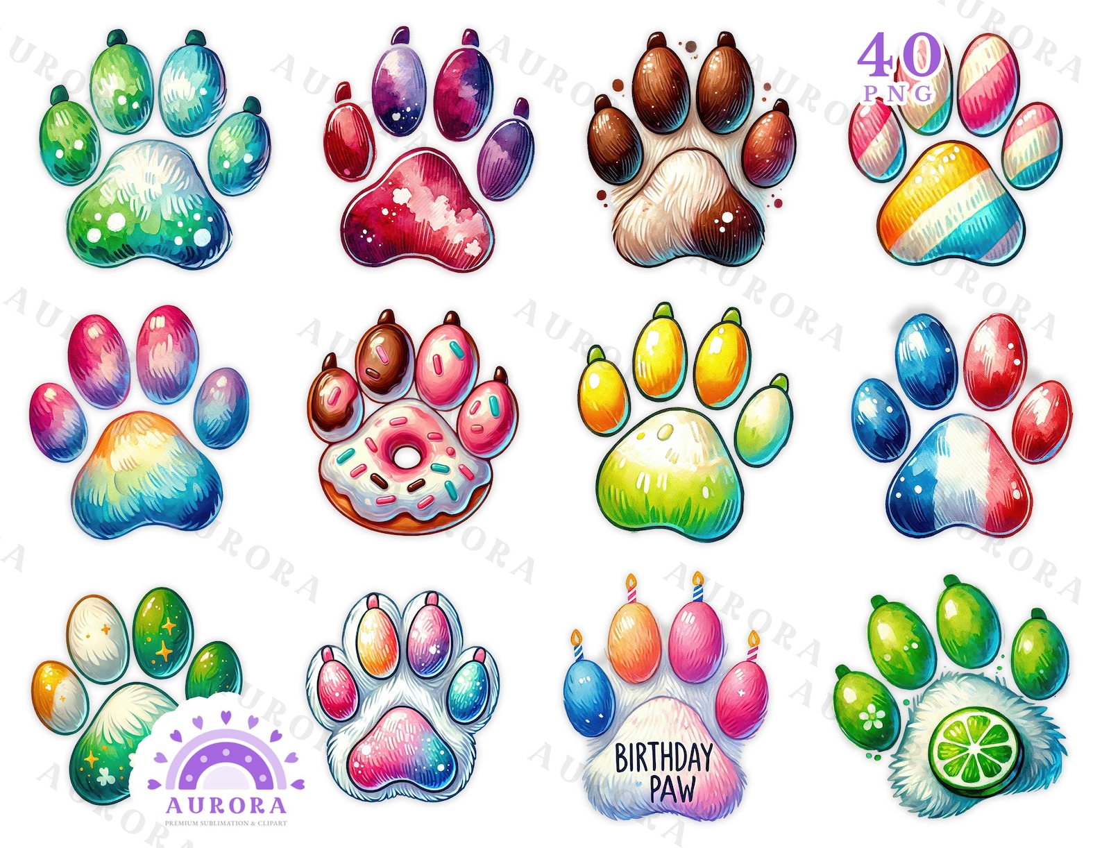 Colorful Paw Print Clipart, Animal Footprints PNG, Watercolor Paw ...