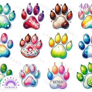 Colorful Paw Print Clipart, Watercolor Animal Clip Art, Bundle, Cat ...