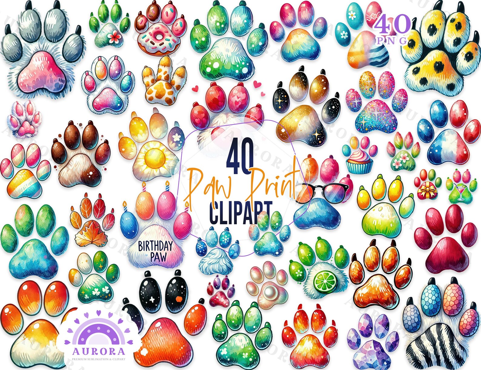 Colorful Paw Print Clipart, Watercolor Animal Clip Art, Bundle, Cat ...
