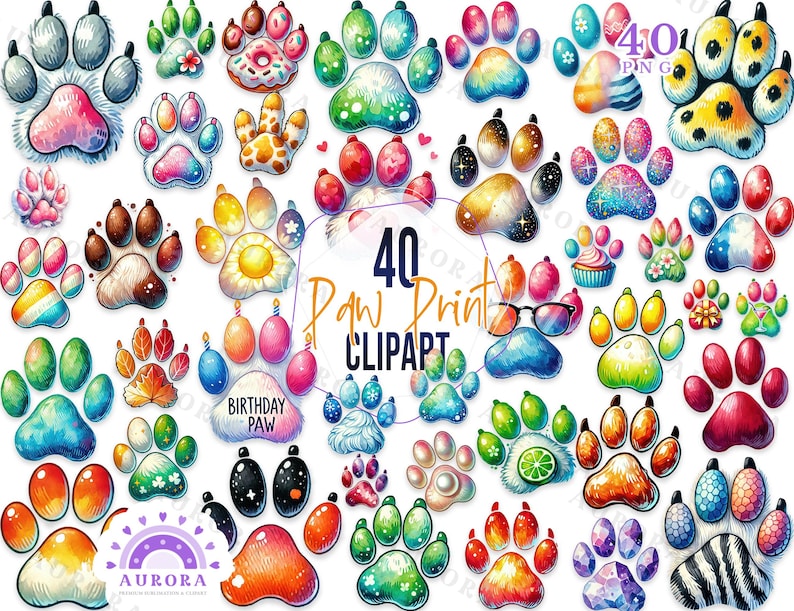 Colorful Paw Print Clipart, Watercolor Animal Clip Art, Bundle, Cat ...