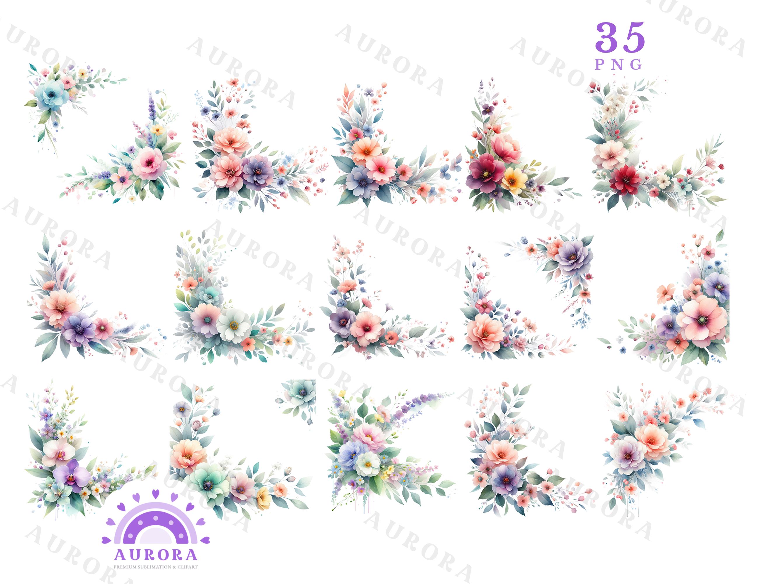 Watercolor Floral Clipart Bundle, Flower Corner Borders Bouquets ...