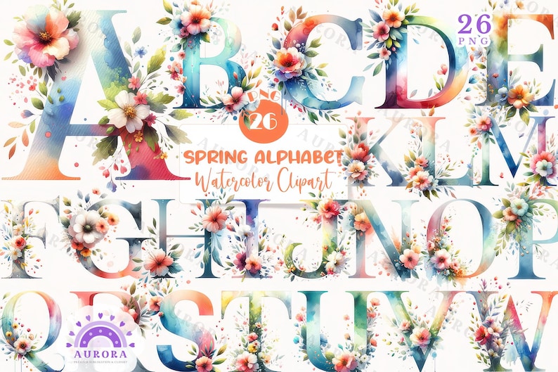 Watercolor Spring Alphabet Clipart, Floral Letters PNG, Spring Floral ...