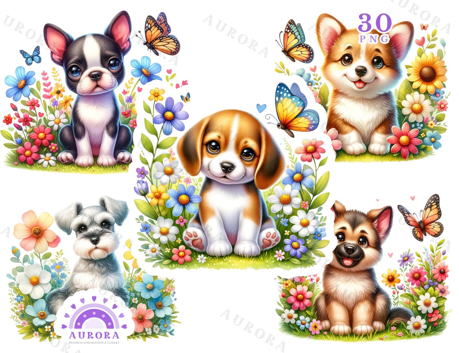 30 Cute Spring Puppy Clipart, Pet Lover Sublimation PNG, Watercolor ...