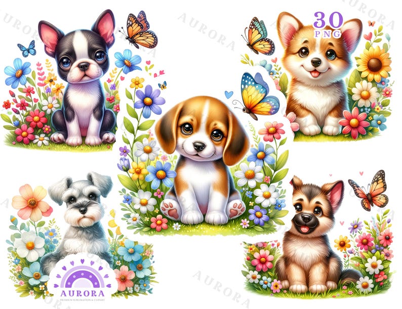 30 Cute Spring Puppy Clipart, Pet Lover Sublimation PNG, Watercolor ...