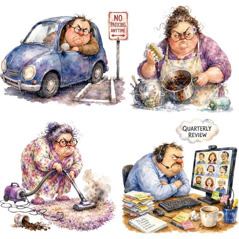 26 Funny Grumpy Characters Bundle, Sarcastic Watercolor Clipart PNG ...