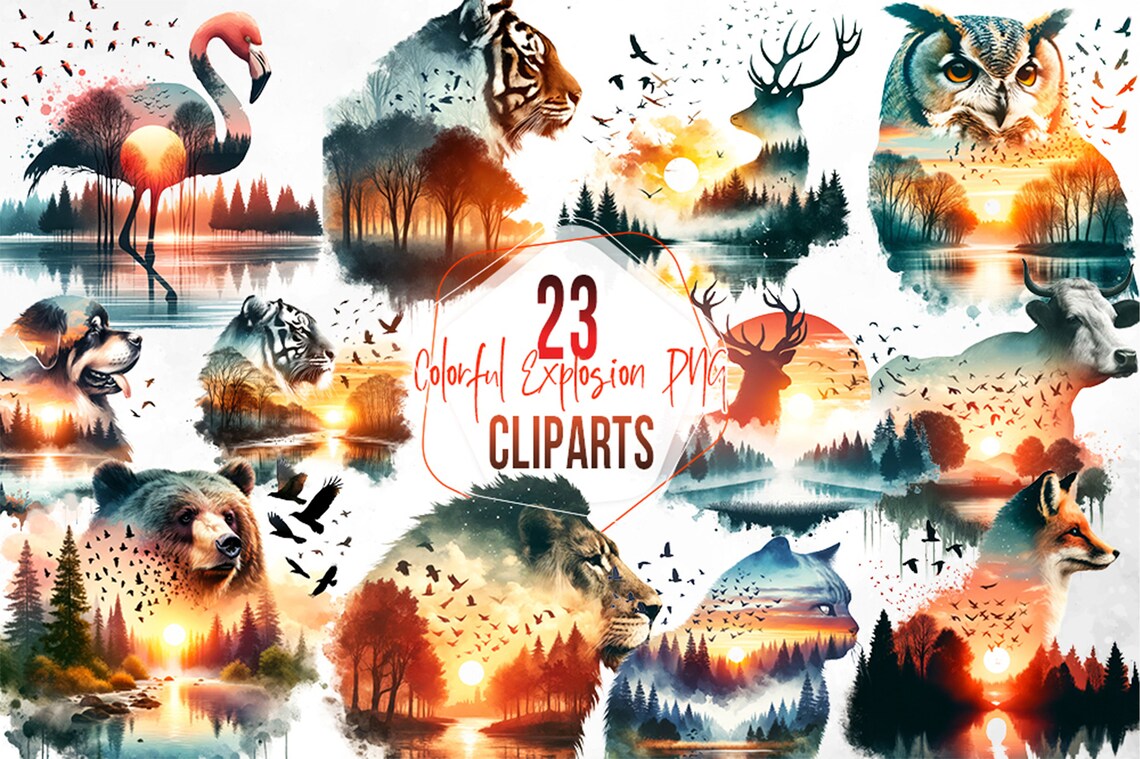 23 Double Exposure Animals Clipart, Wildlife and Natural Scene Animals ...